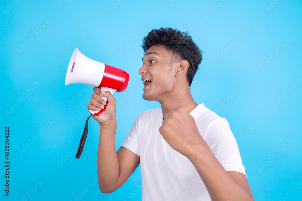 Excited Young Indian Man Shouting on Megaphone Announces Discounts Sale ...