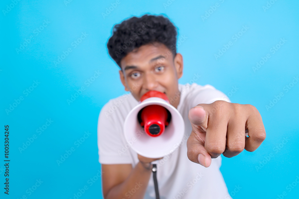 Young Indian Man Yelling on Megaphone Announces Discounts Sale Hurry up ...