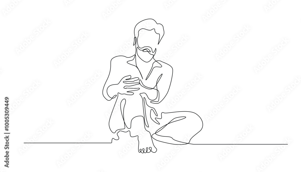continuous line of vrindavan man.drawing one line vector of sitting ...