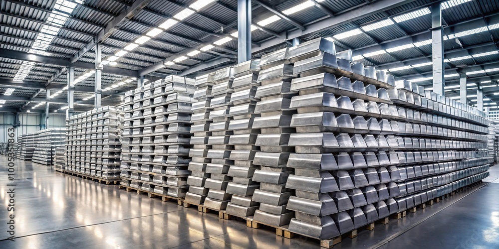 Raw aluminum ingots stacked high in industrial setting for melting ...