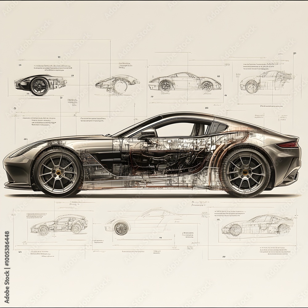 Futuristic Sports Car Blueprint Poster with Technical Diagrams and ...