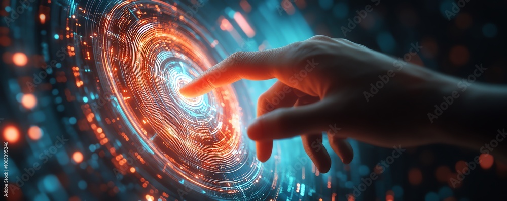Futuristic hand touching a rotating data flow, data flow processing visualization background ...