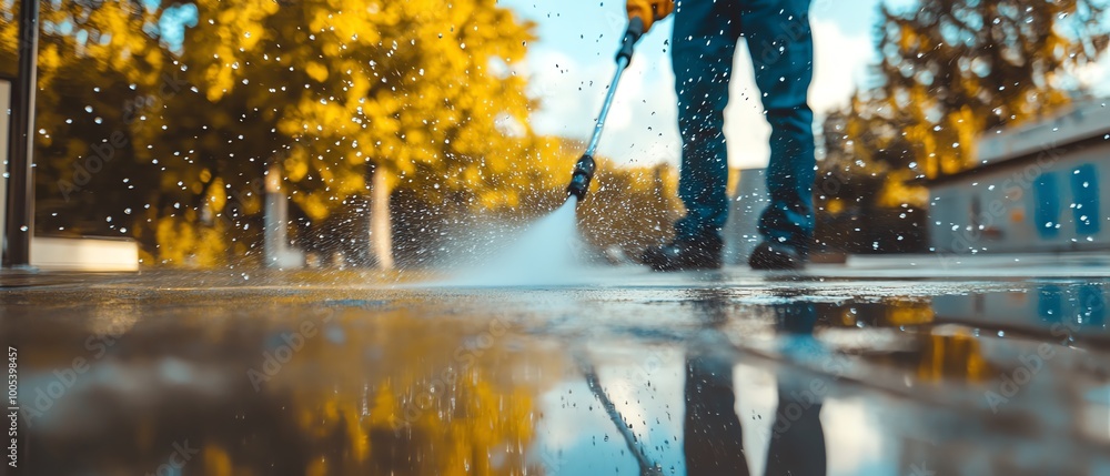 Low angle view of people using a pressure washer on a concrete driveway ...