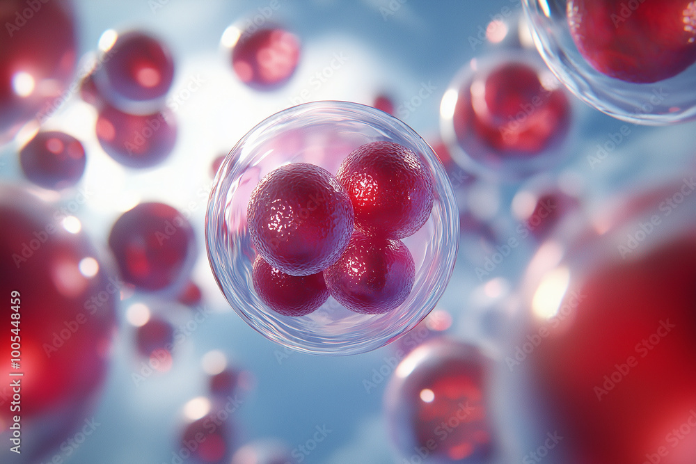Various red blood cell particles floating in a 3D space with a medical ...