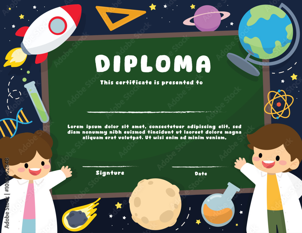 Cute School Diploma Kids Certificate vector in science concept with ...