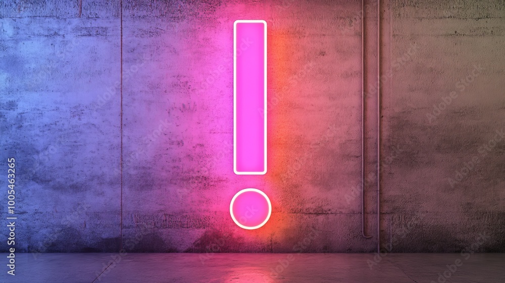 big neon color Exclamation mark on an neutral wall background, copy and ...