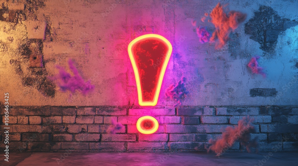 big neon color Exclamation mark on an neutral wall background, copy and ...