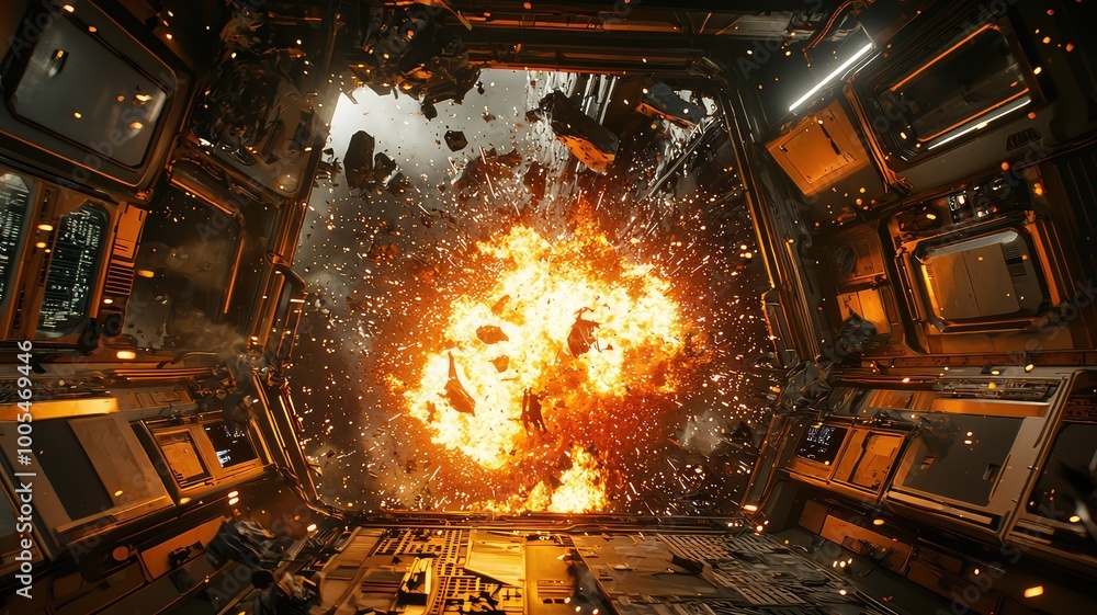 An intense explosion inside a futuristic spacecraft with debris ...