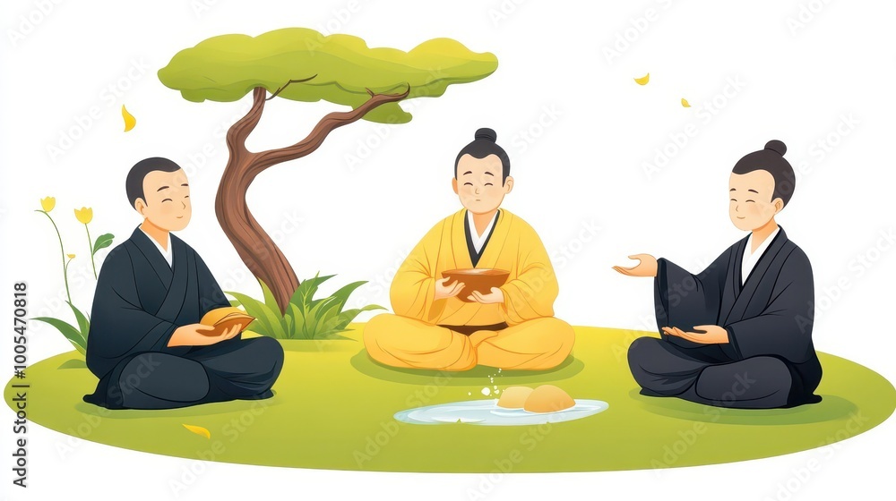 Monk using sacred water to bless people flat design, top view ...