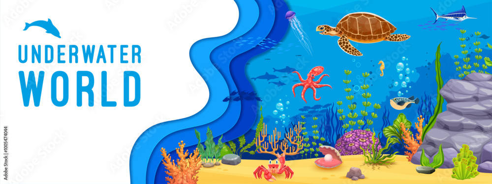 Oceanarium underwater world banner with sea animals and paper cut waves ...