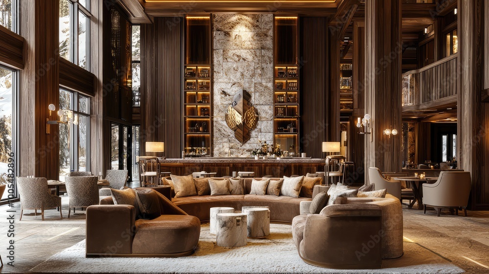Luxurious hotel lobby featuring elegant seating, warm lighting, and a ...