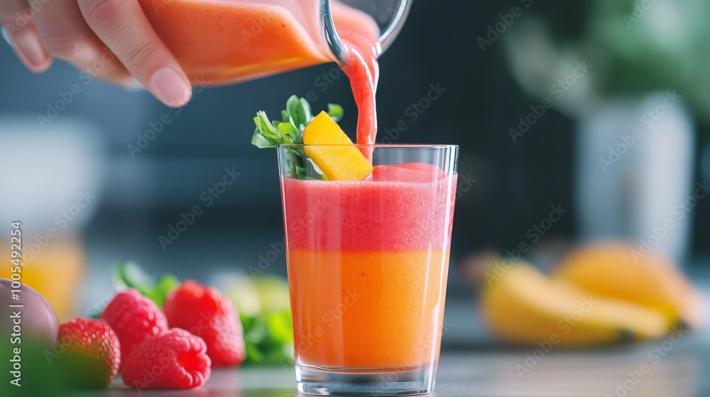 A close-up of a hand pouring a smoothie into a glass, showcasing the ...