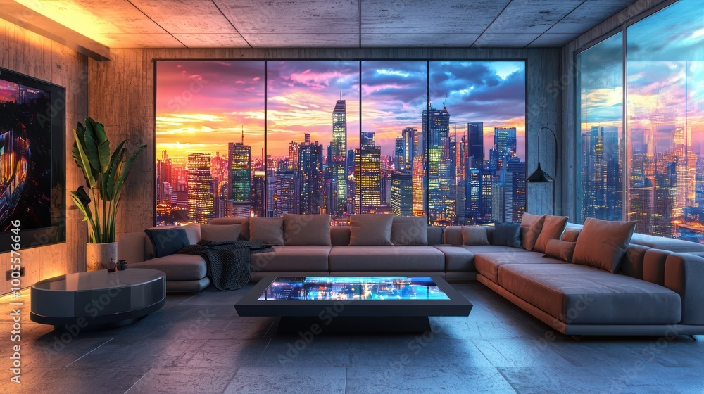 High-tech living room with a smart sofa, interactive coffee table, and ...