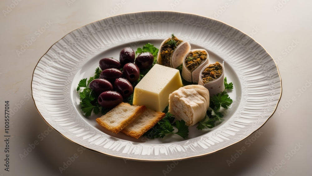 Fasting food plate with traditional dishes: olives, dolma, halva, and ...