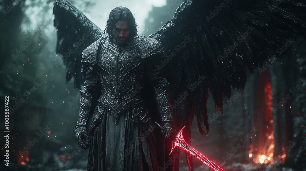 male fallen angel in intricate armor stands solemnly in a mystical ...