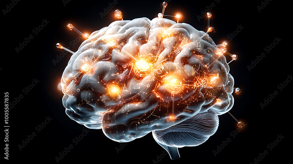 3D digital brain with interconnected nodes and glowing elements ...