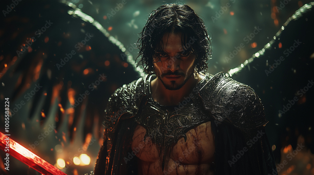 male fallen angel with intense gaze, drenched in rain, stands ready in ...
