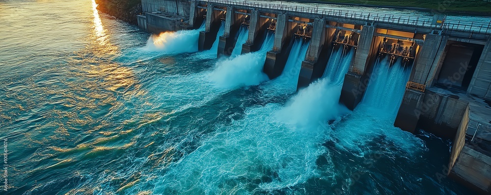 Hydroelectric dam in action, with rushing river water driving electric ...