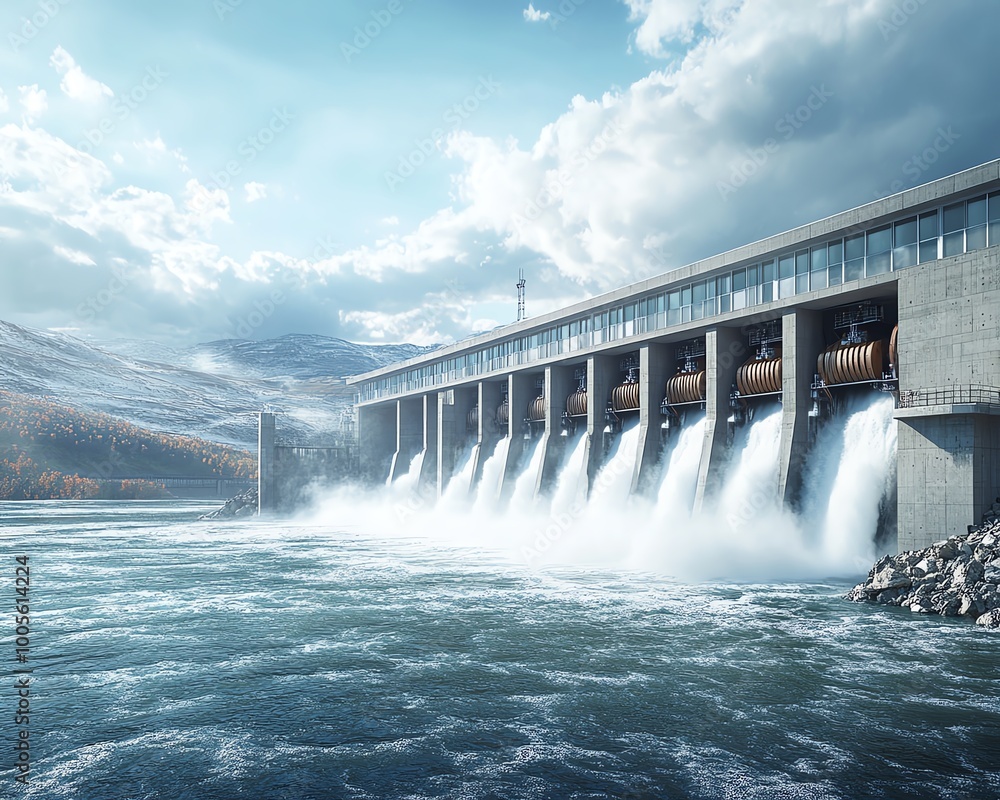 Hydroelectric dam scene with rushing water driving turbines ...