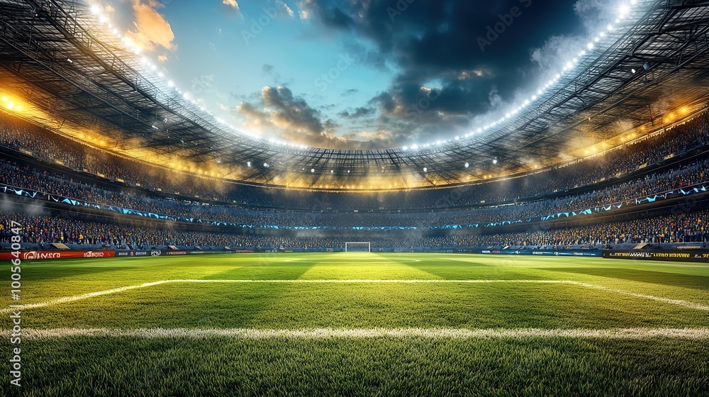 Realistic European football stadium with full-sized regulation football ...