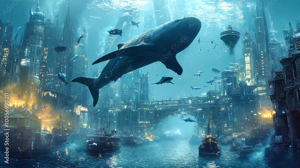 Explore a vibrant underwater city where humans and aquatic creatures ...