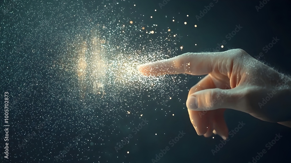 Futuristic hand reaching toward a touchscreen leaving a trail of ...