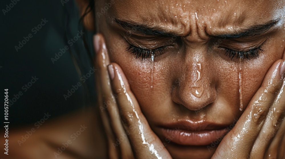 A woman with tears rolling down her cheeks, her face conveying deep ...