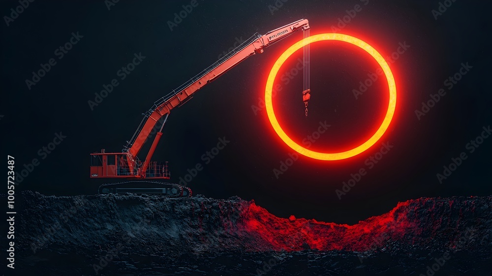 Powerful industrial crane with a long boom positioned over a deep ...