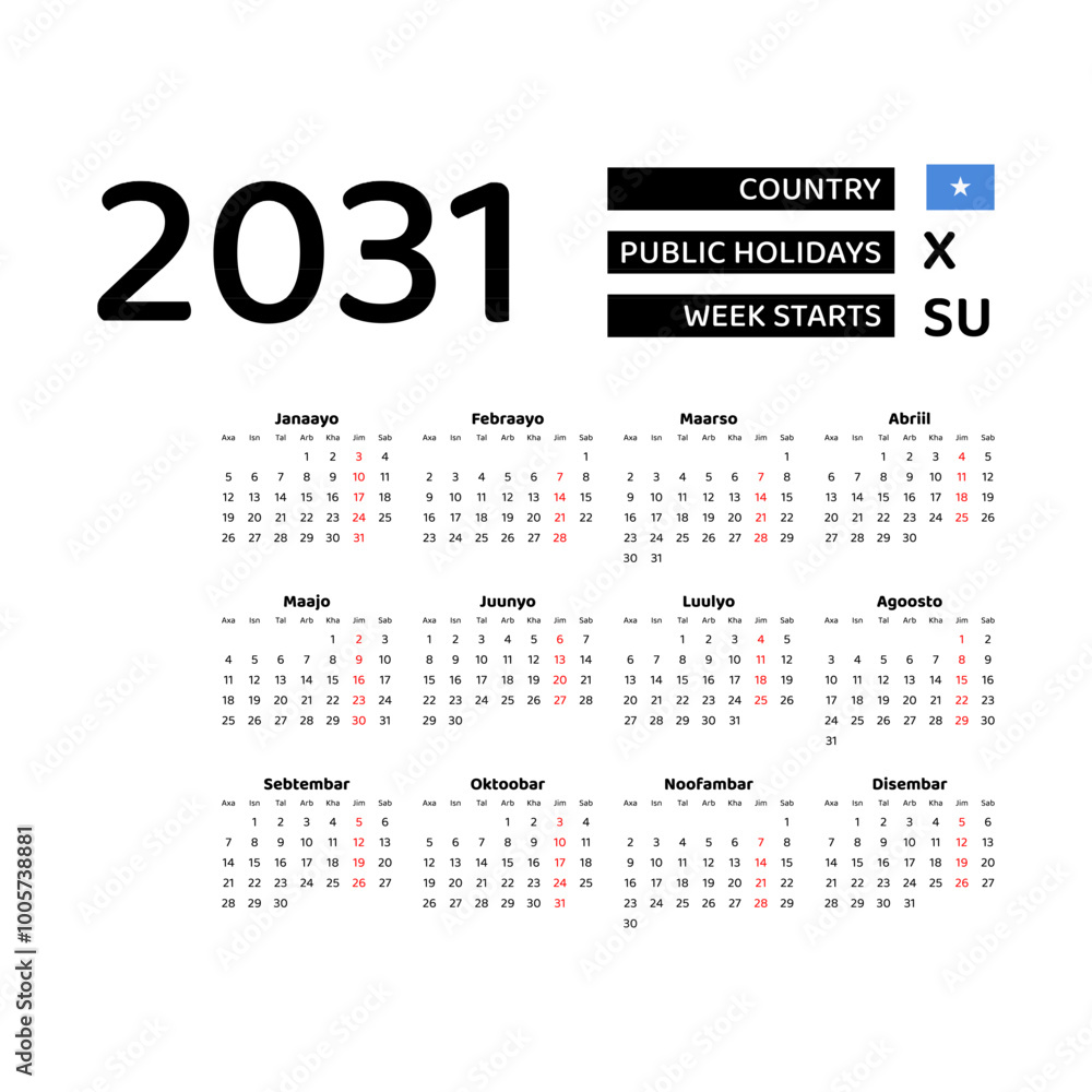 Calendar 2031 Somali language with Somalia public holidays. Week starts ...