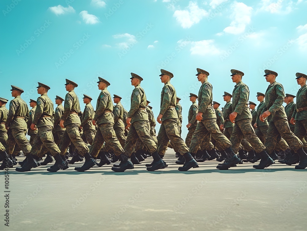 An army unit marching in perfect formation during a military parade ...