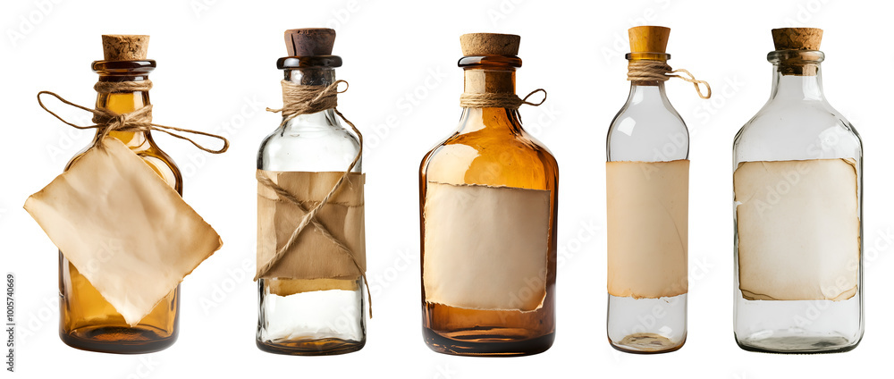 Collection set of message blank note label on rustic empty bottle on ...