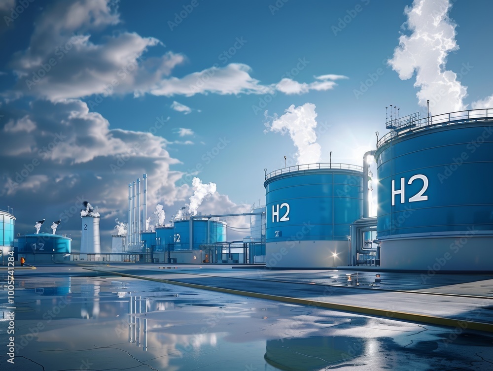 Large storage tanks with H2 and HYDROGEN labels on a blue sky ...
