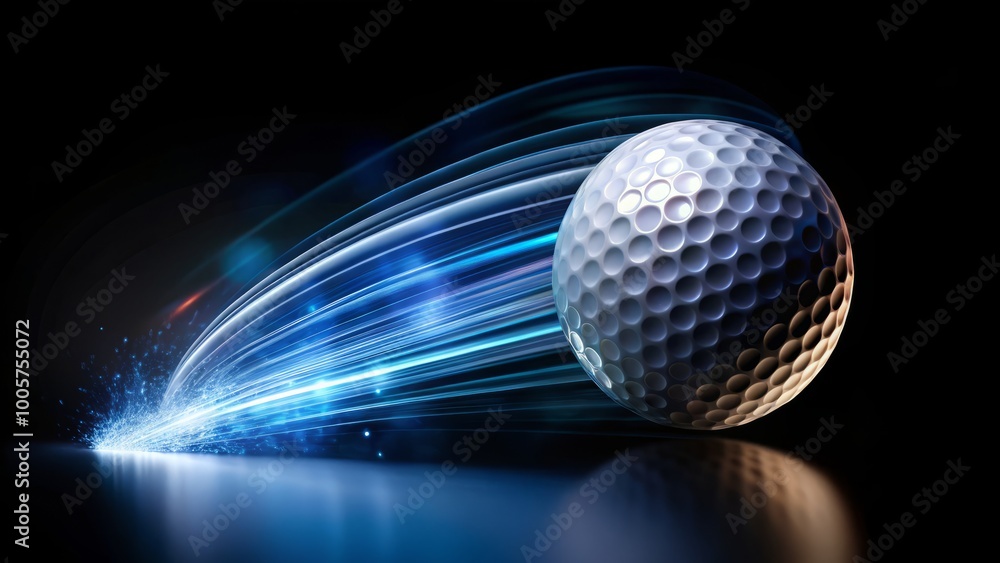 Dynamic motion of a golf ball gliding through space, its radiant trail ...