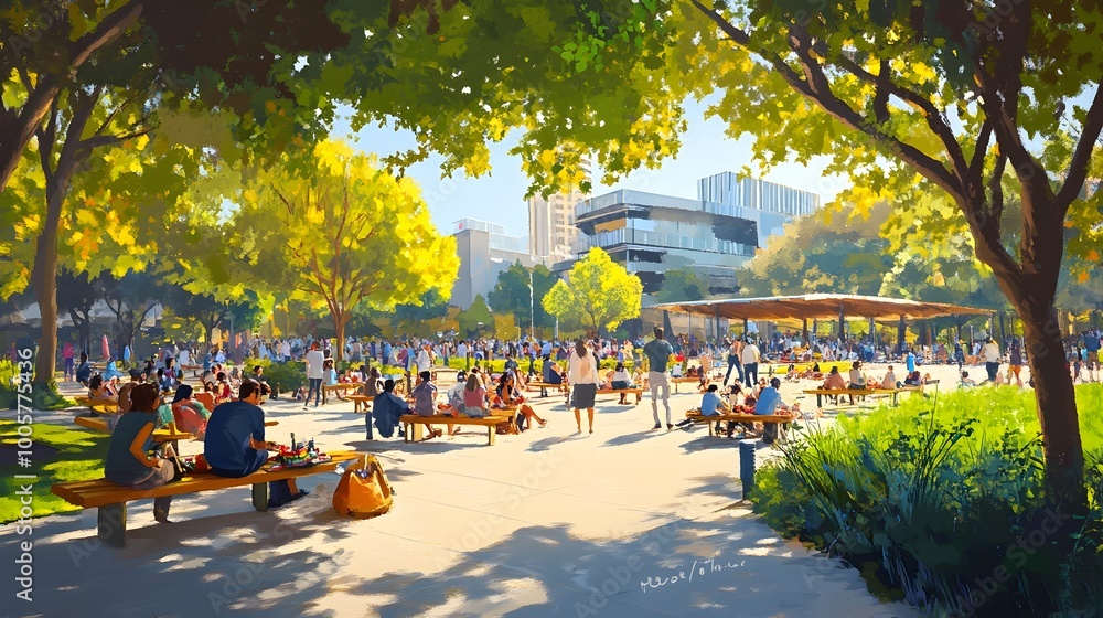 Bustling urban park scene featuring crowds of people relaxing on ...
