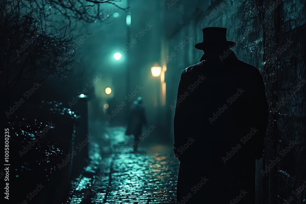Eerie comic book city night scene, dimly lit streets with flickering ...