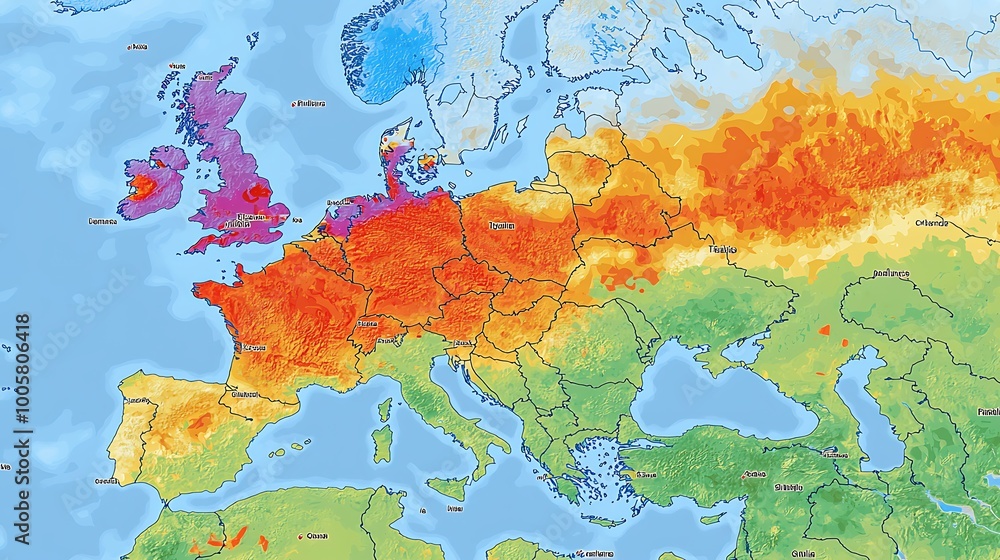 Europe Political Map with Color Coded Temperature Zones Stock ...