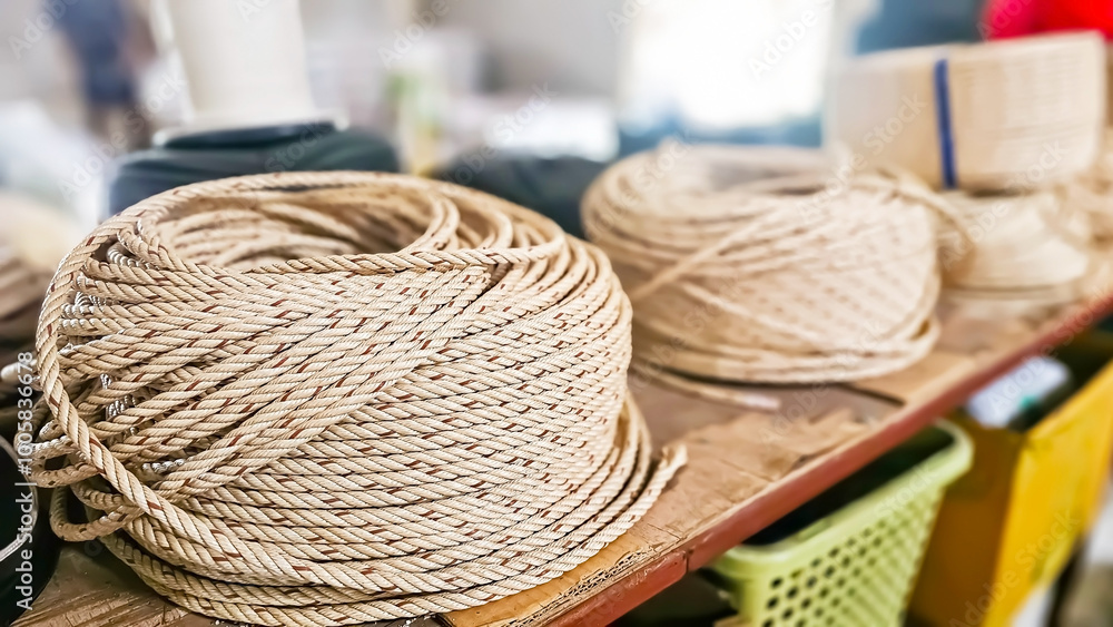 Rolls of polyethylene rope stacked in a hardware store, Giant fiber ...
