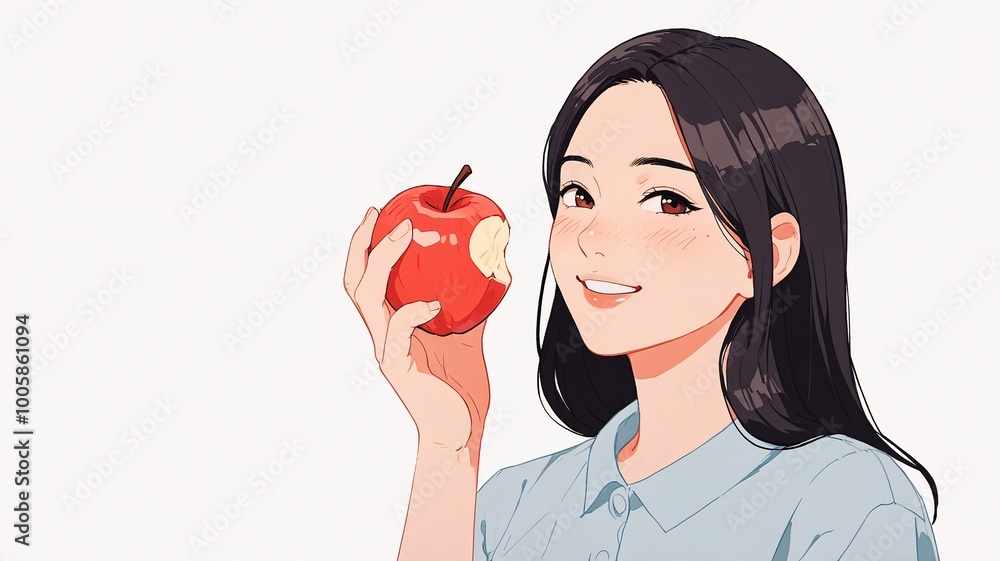 Japanese anime cartoon woman illustration, holding a red bitten apple ...