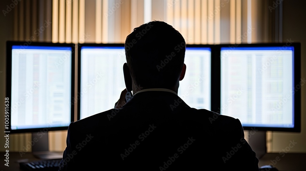 Suspicious Person on Call with Multiple Computer Screens Stock Photo ...