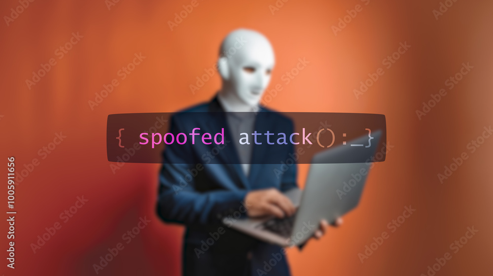 Cybersecurity concept spoofed attack on foreground screen, hacker silhouette hidden with low ...