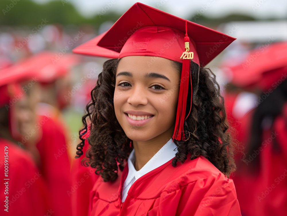 Happy teenager in cap and gown, holding diploma at high school graduation ceremony. Proud moment ...