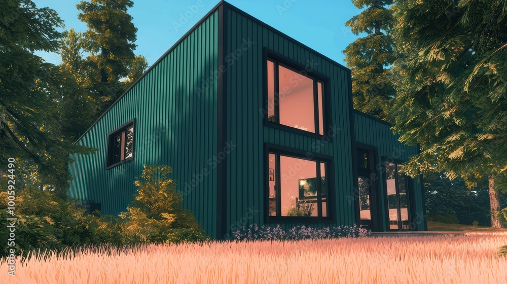 Modern farmhouse with vertical jade paneling, ebony window trim, on ...
