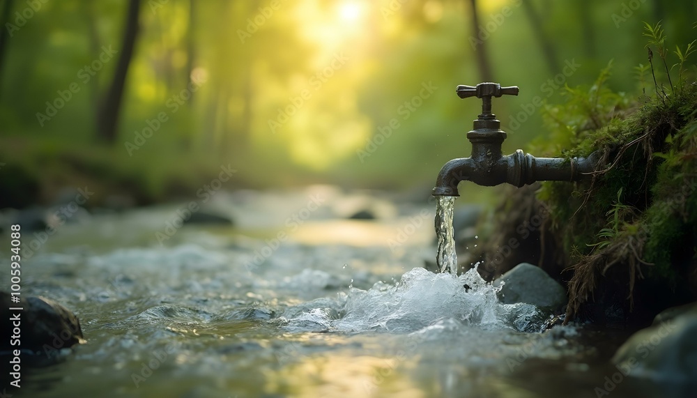 Faucet pouring water representing sustainability, the cycle of natural ...