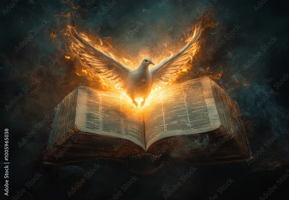 Flaming dove emerging from an open book with smoke and fire in the ...