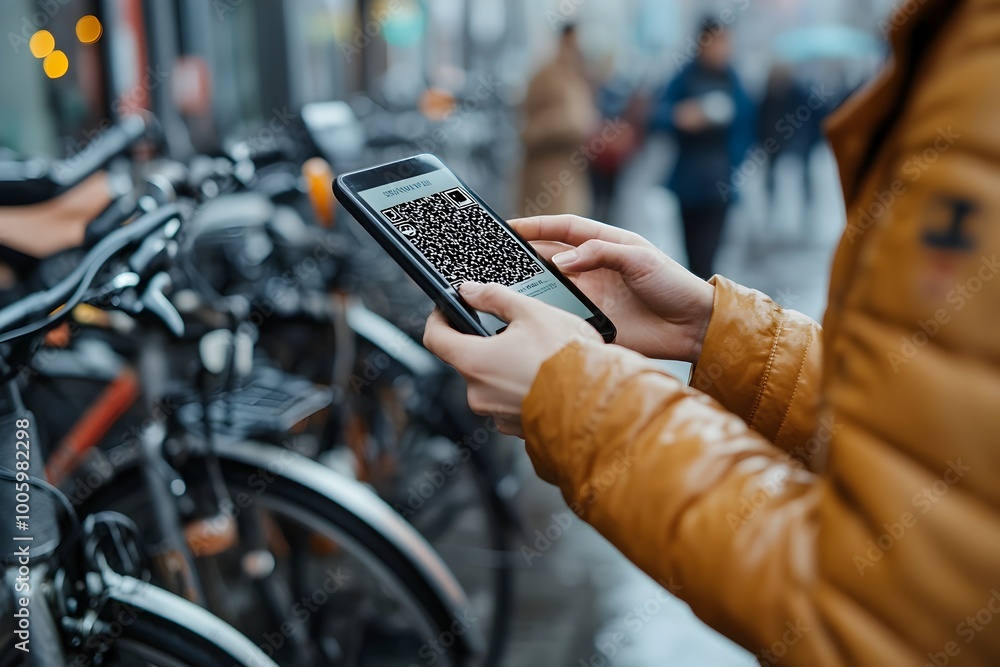 Person Scanning QR Code to Access Shared Bicycles in Modern Urban ...