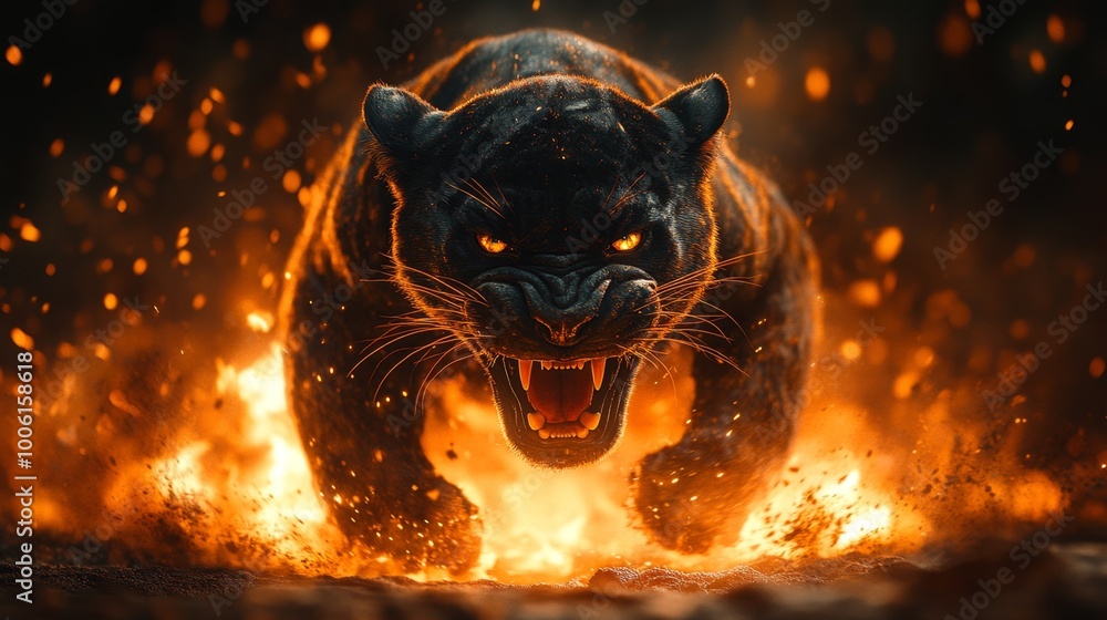 Angry black jaguar with gaping mouth and fiery mane, Glowing yellow ...