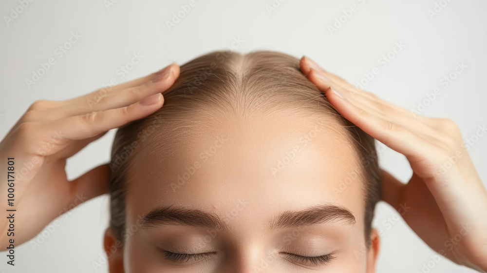 A young woman points to bald patches on her forehead and temples. She's ...