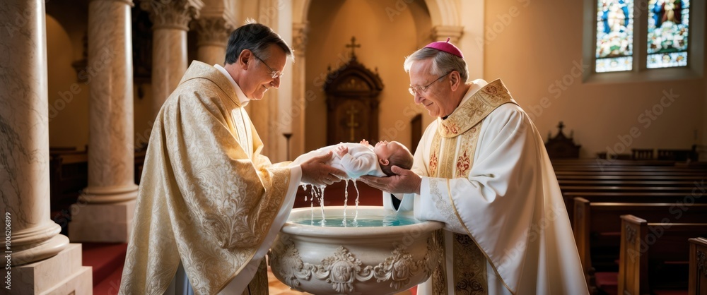 Baptism ceremony in a church featuring priests and a newborn, highlighting spirituality and ...