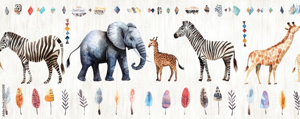 African wildlife pattern with silhouettes of elephants, giraffes, and ...