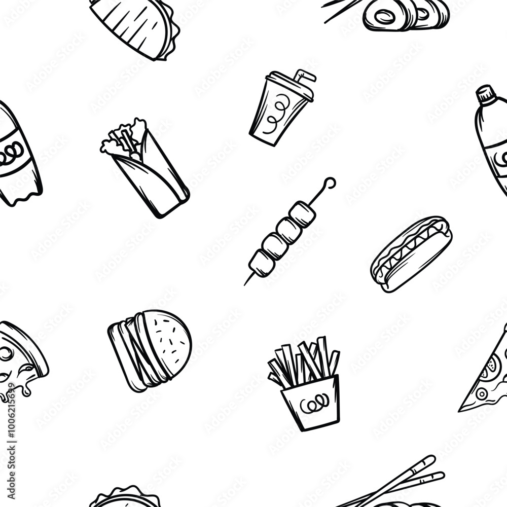 Simple black and white pattern with street fast food, burger, fries ...